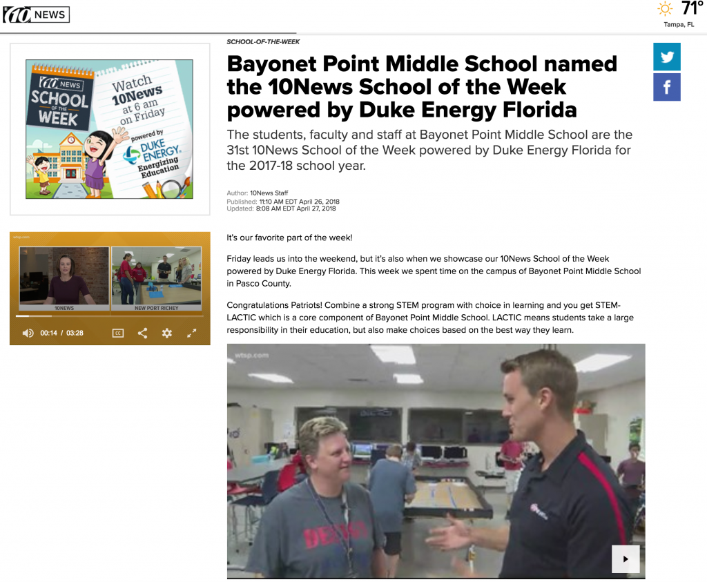 Bayonet Point Middle School in Pasco County Florida Named School of the ...